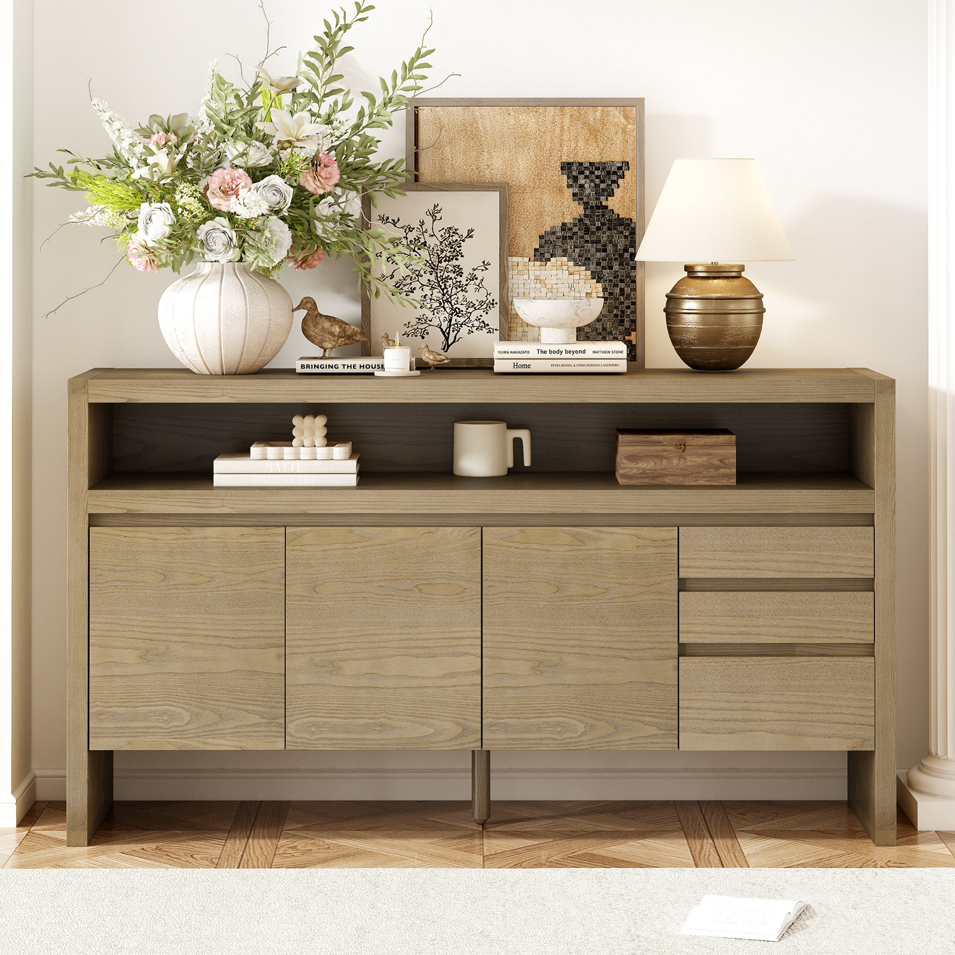 Ebern Designs 60" 3-Door Sideboard With 3 Drawers - Modern Solid Ash Veneer MDF Sideboard, Semi ...